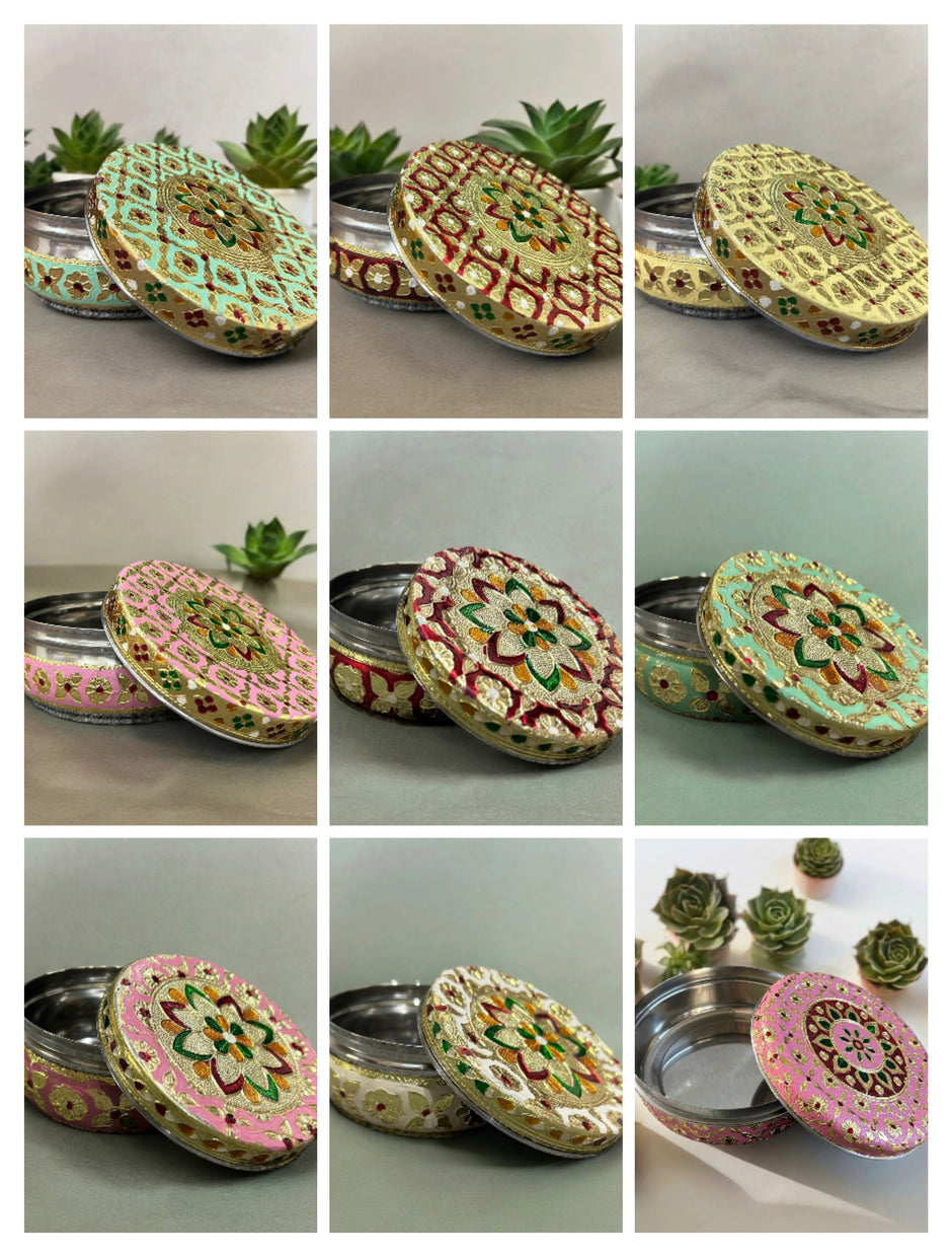 Decorated Stainless Steel Dabba Collection – Regalia Ornaments